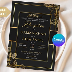 Editable Nikkah Invitation Template | Black Gold Muslim Wedding ...