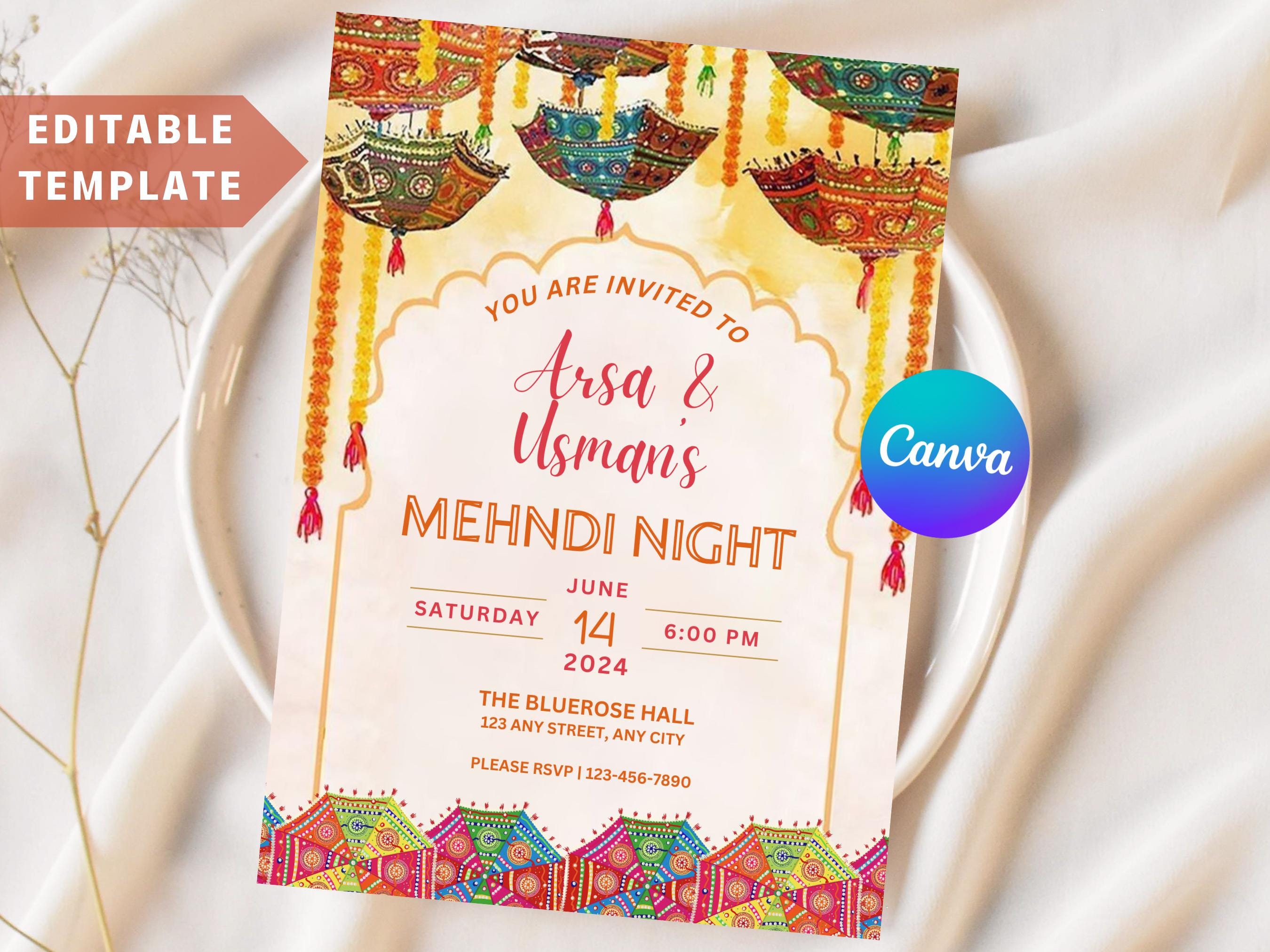 Editable Colorful Mehndi Invitation Template | Orange Umbrella Haldi ...