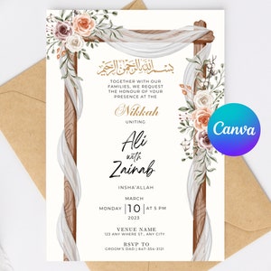 Editable Minimalist Nikkah Invitation Template | Floral Muslim Wedding ...