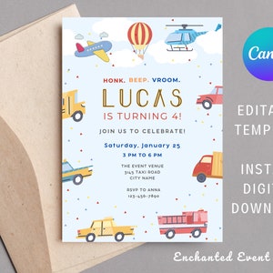 Editable Transportation Birthday Invitation | Kids Vehicle Party Invite ...