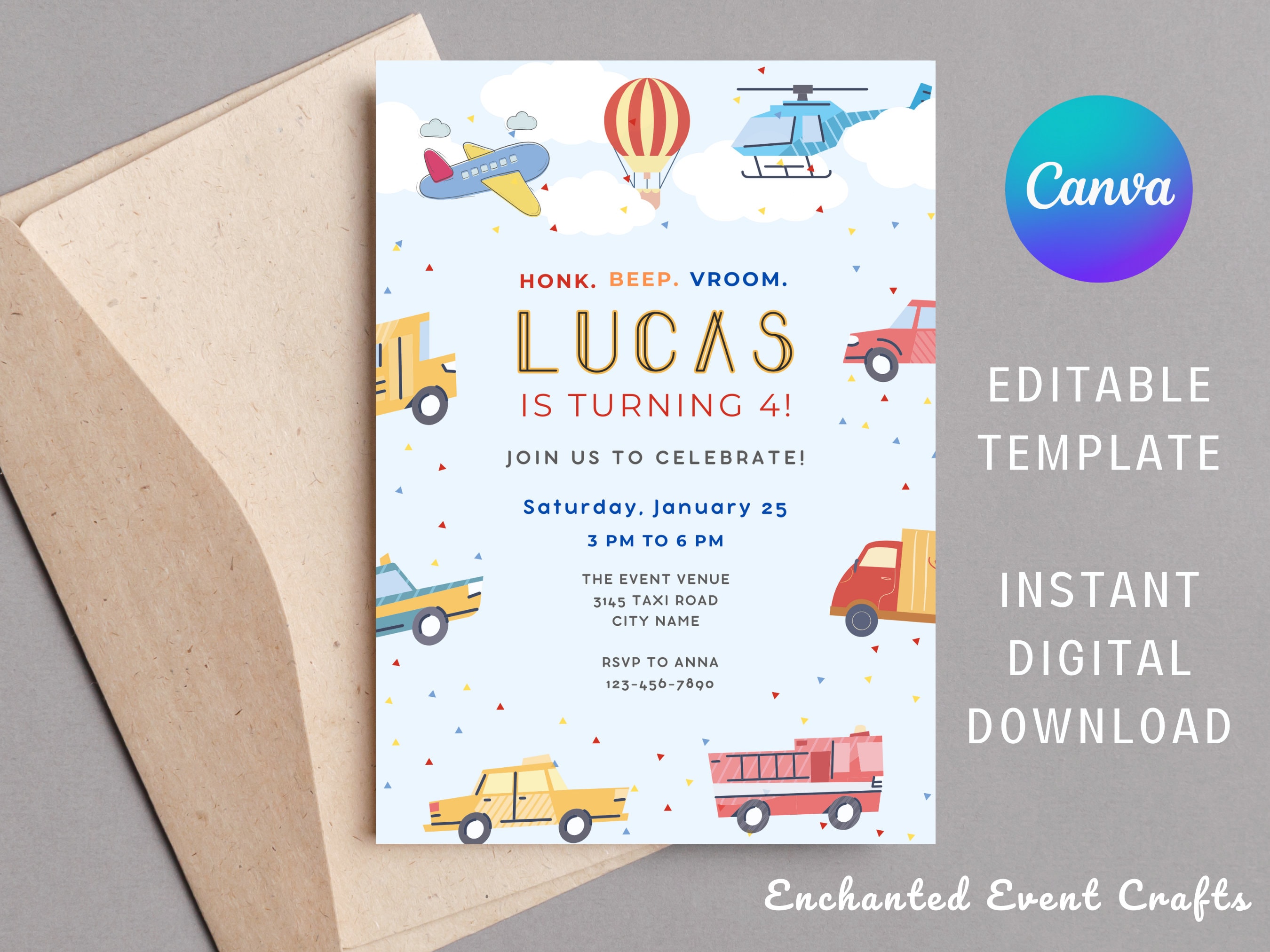 Editable Transportation Birthday Invitation | Kids Vehicle Party Invite ...