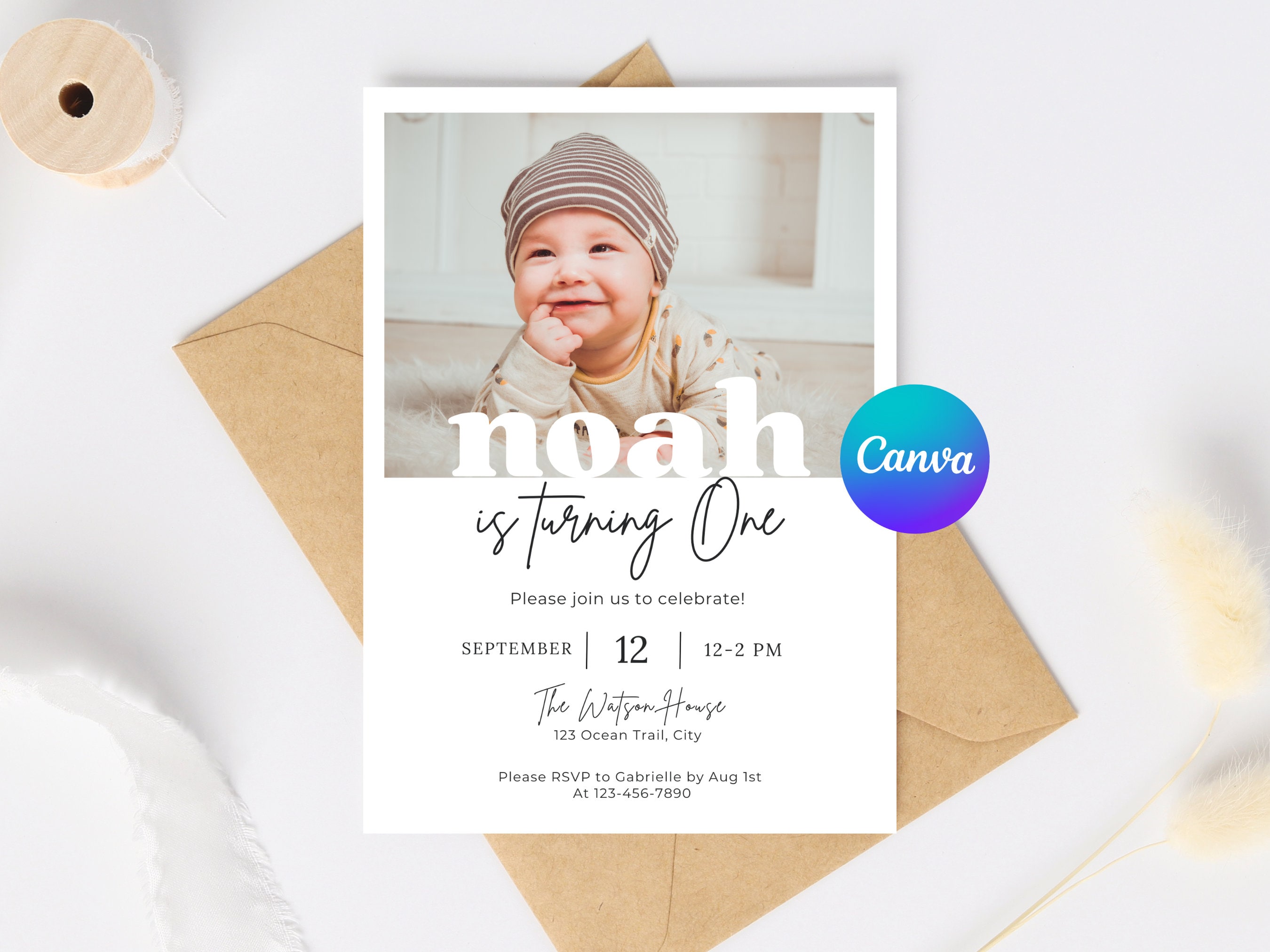 Editable Baby Photo Birthday Invitation Minimalist Kids Birthday Party ...