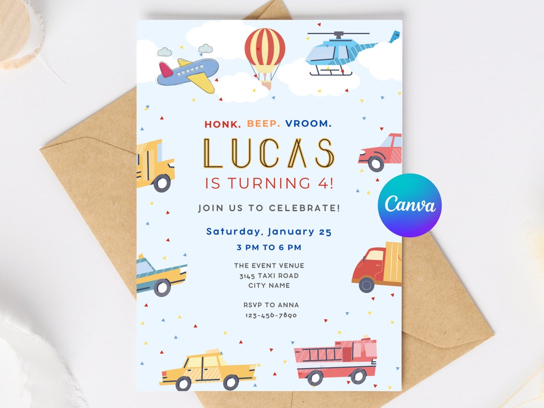 Editable Transportation Birthday Invitation | Kids Vehicle Party Invite ...