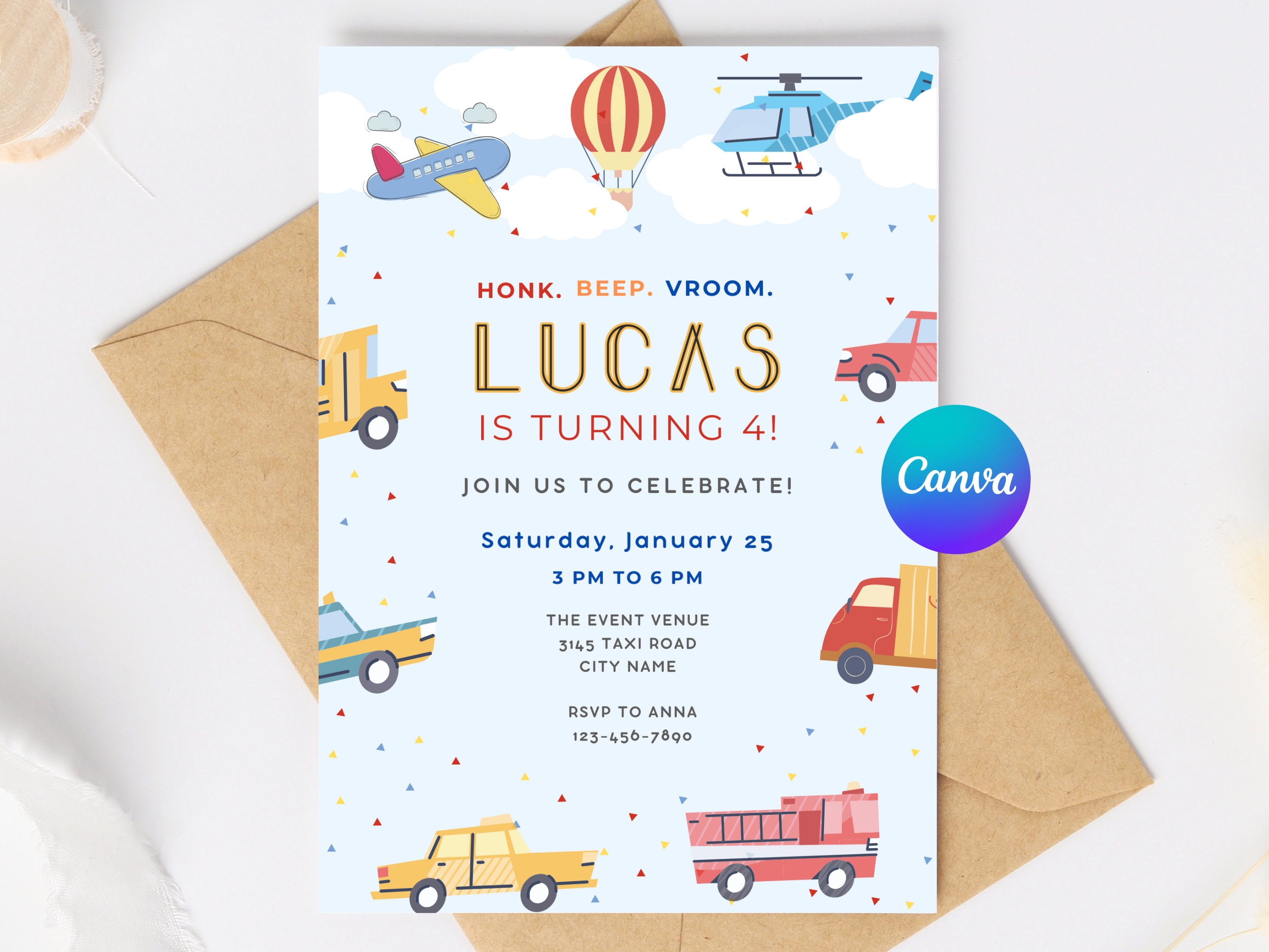 Editable Transportation Birthday Invitation | Kids Vehicle Party Invite ...