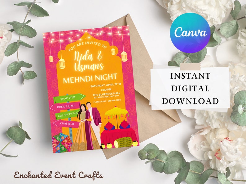 Editable Mehndi Invitation Template Colorful Pink & Orange Dholki ...