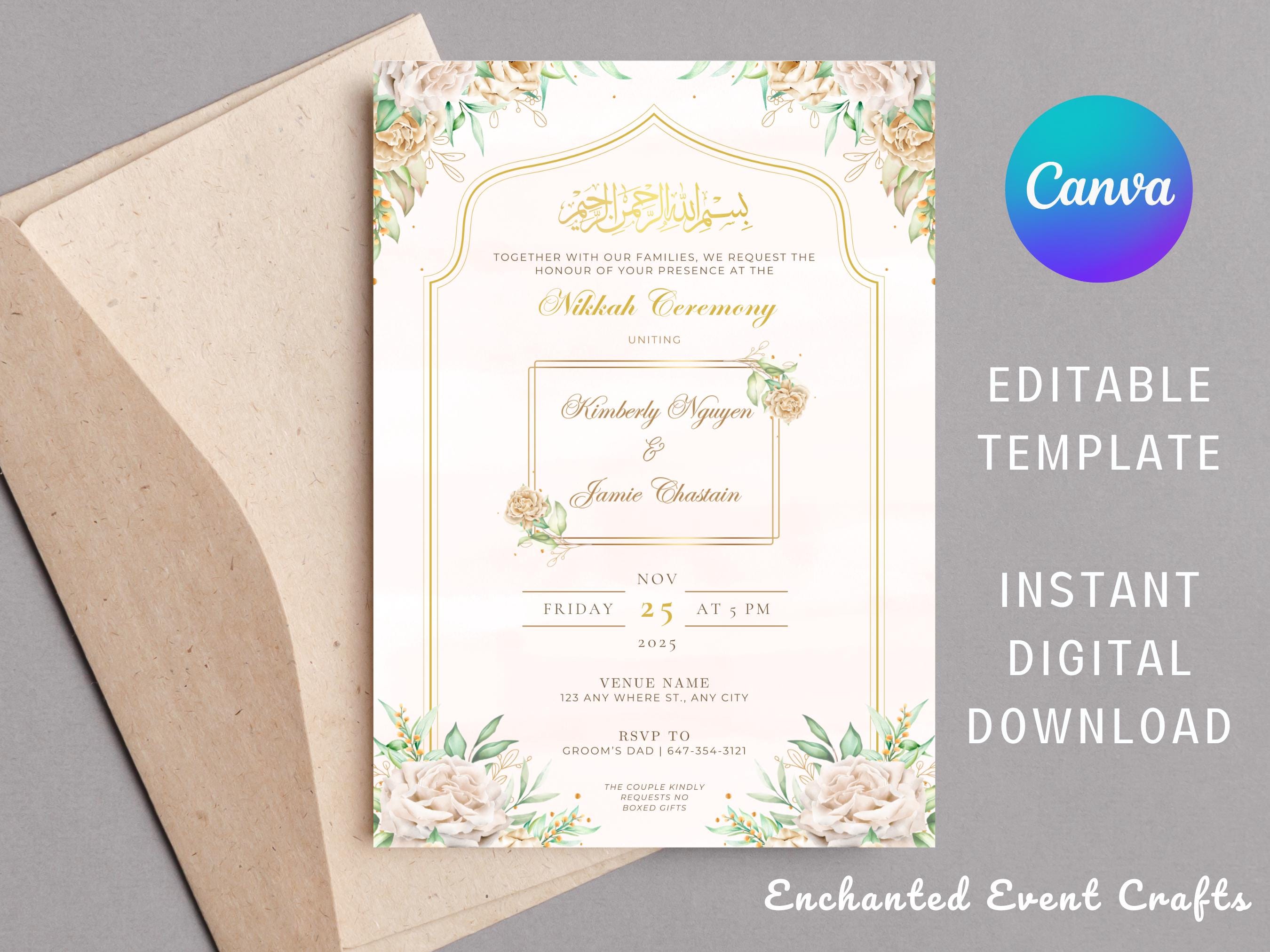 Editable Islamic Nikkah Invitation Template | Pink Gold Floral Muslim ...