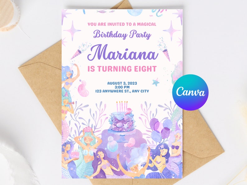 Editable Mermaid Birthday Invitation, Girls Kids Birthday Party, Canva ...