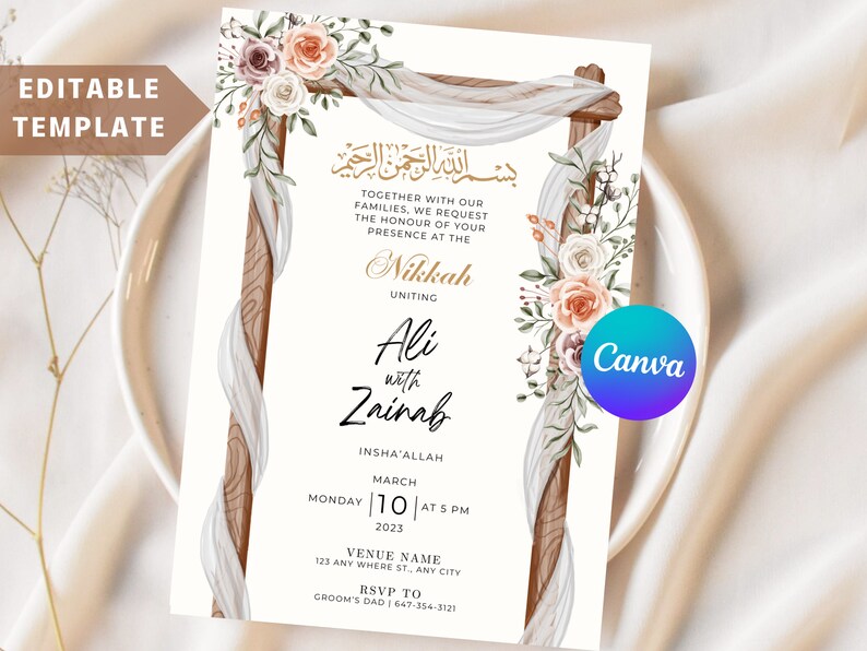 Floral Nikkah Invitation Template: Muslim Wedding Invite (canva Digital ...