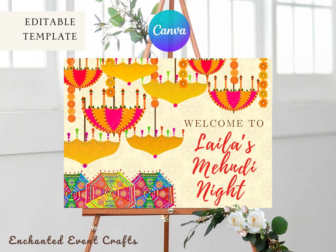 Editable Colorful Mehndi Welcome Sign | 18x24 Sign for Dholki Mayoun ...