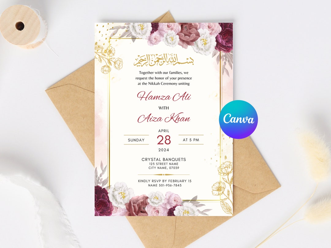 Editable Islamic Nikkah Invitation Template | Red Floral Muslim Wedding ...
