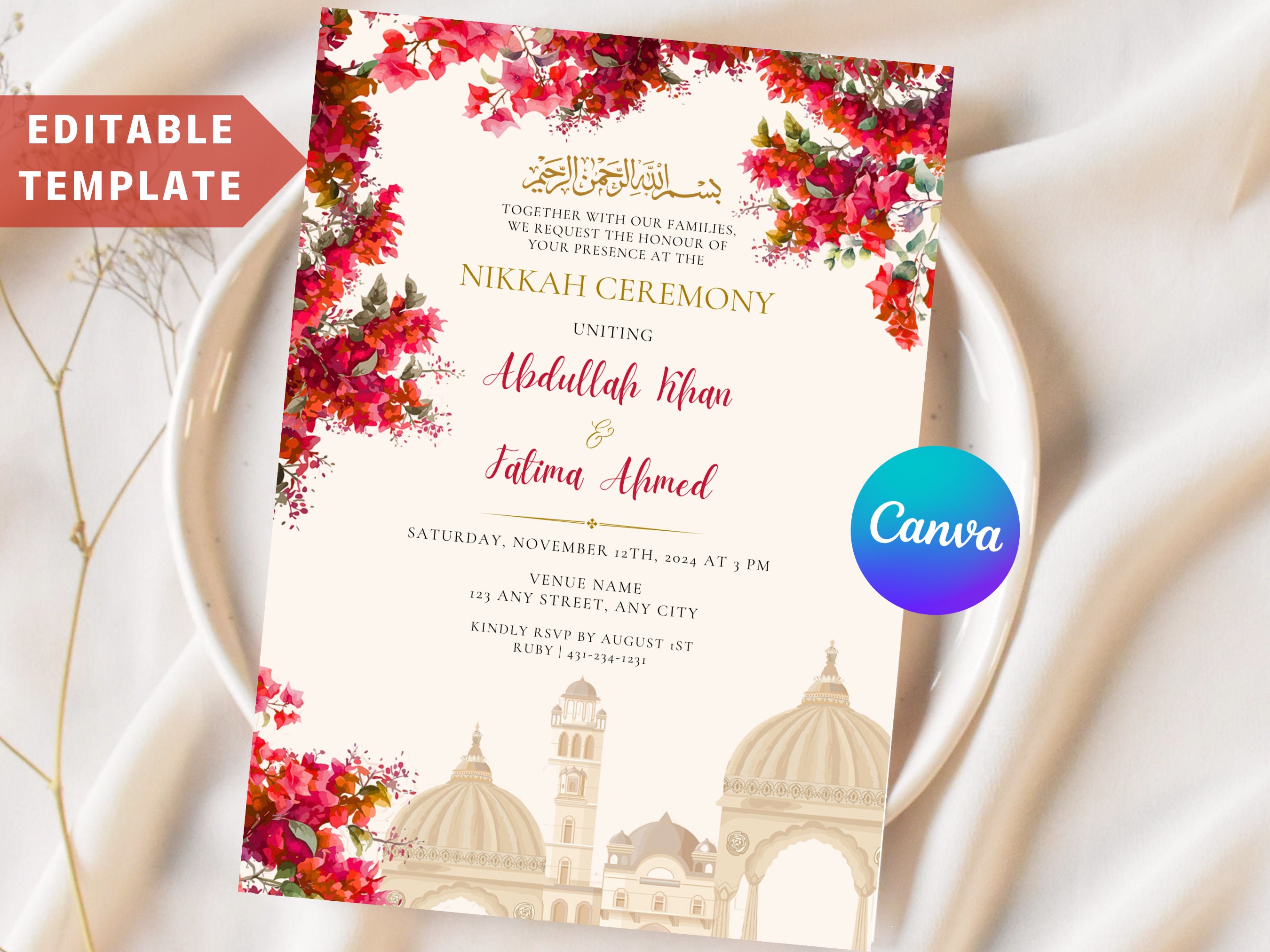 Editable Nikkah Invitation Template Red Mosque Islamic Wedding ...