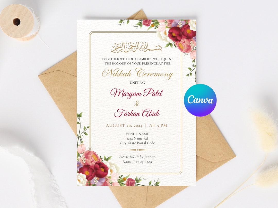 Editable Islamic Nikkah Invitation Template | Red & Gold Floral Muslim ...