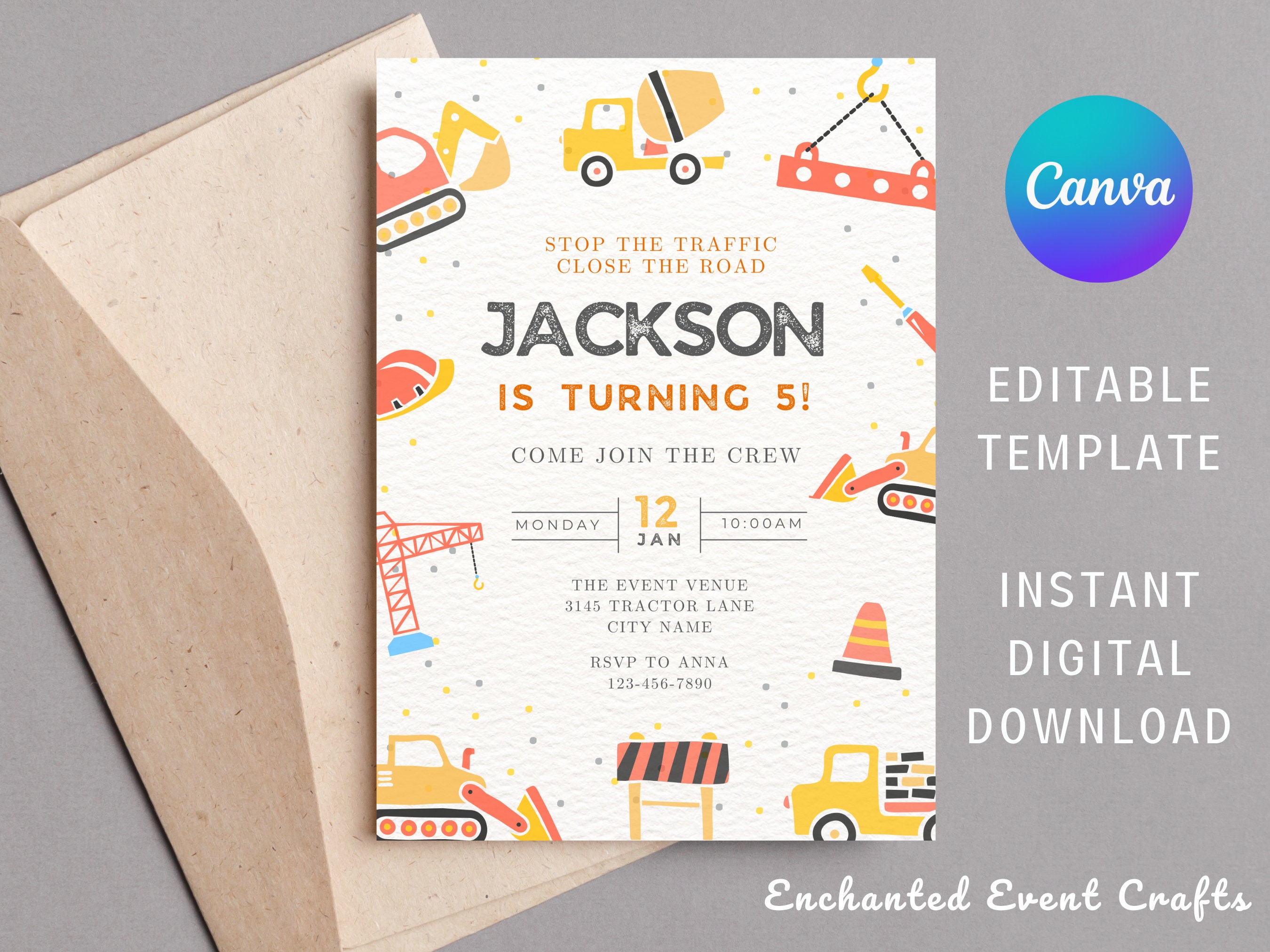 Editable Construction Birthday Invitation, Kids Vehicle Party ...