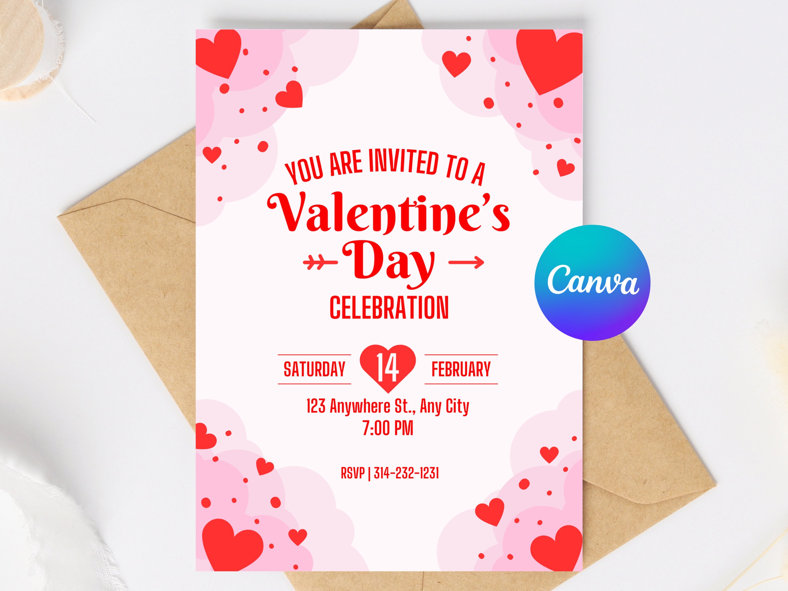 Editable Valentine's Day Party Invitation, Pink Red Hearts Invite ...