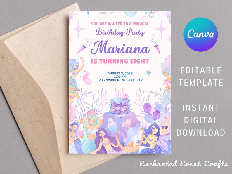 Editable Mermaid Birthday Invitation, Girls Kids Birthday Party, Canva ...