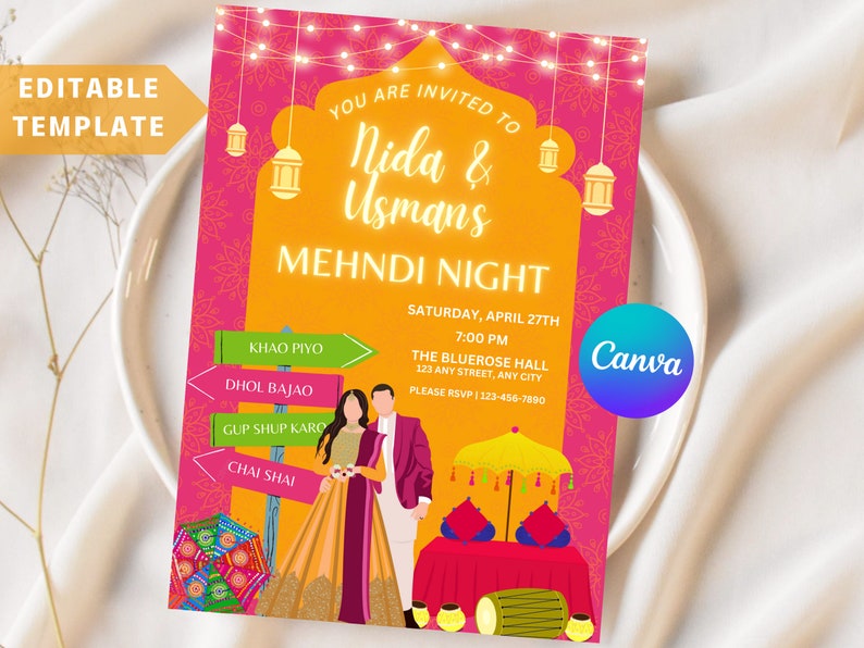 Editable Mehndi Invitation Template Colorful Pink & Orange Dholki ...