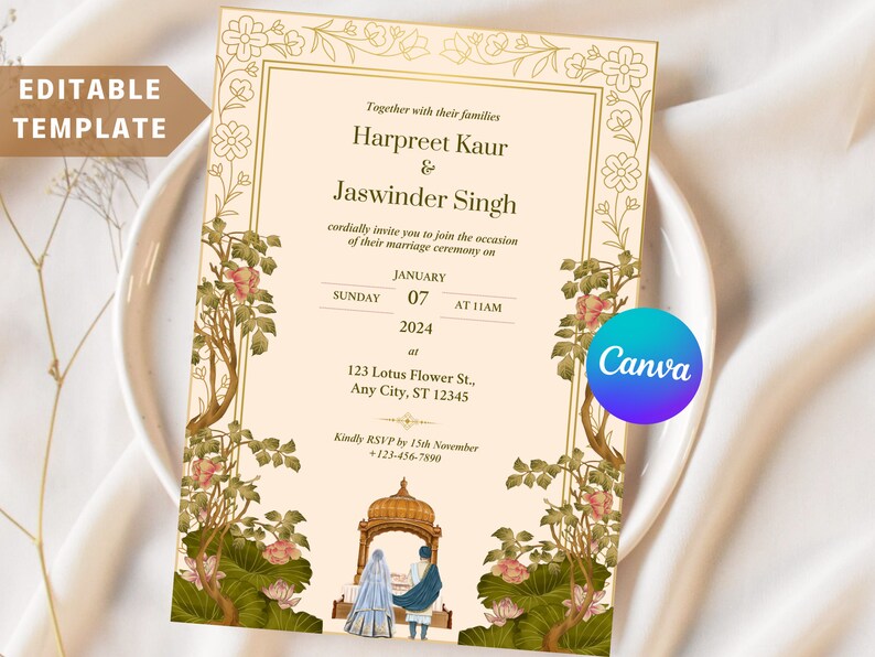 Editable Wedding Invitation Template | Green & Gold Elegant Ceremony ...