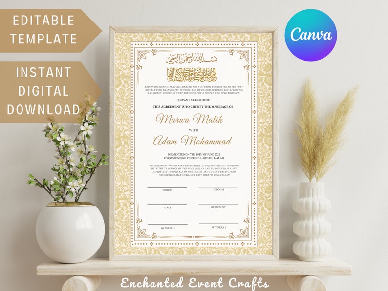Minimalist A3 Nikkah Certificate Gold Nikkah Contract Digital Nikkah ...