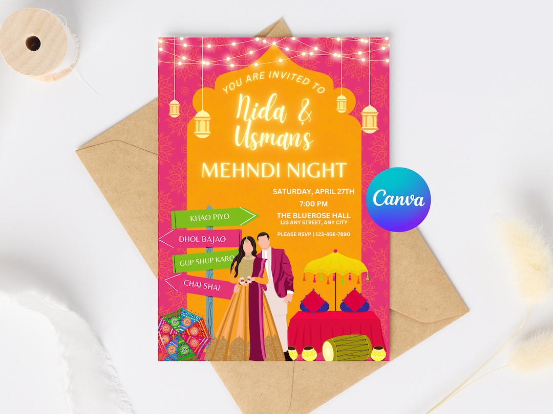Editable Mehndi Invitation Template | Colorful Pink & Orange Dholki ...