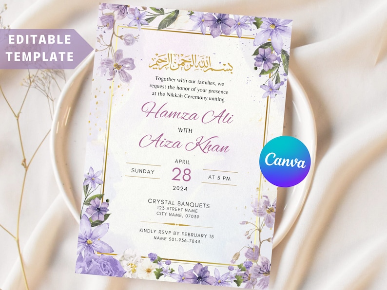 Editable Islamic Nikkah Invitation Template Purple Floral Muslim ...