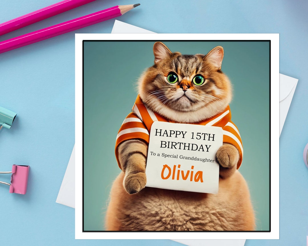 Personalised Birthday Card, Funny Fat Cat, Birthday Card for Girl Boy ...