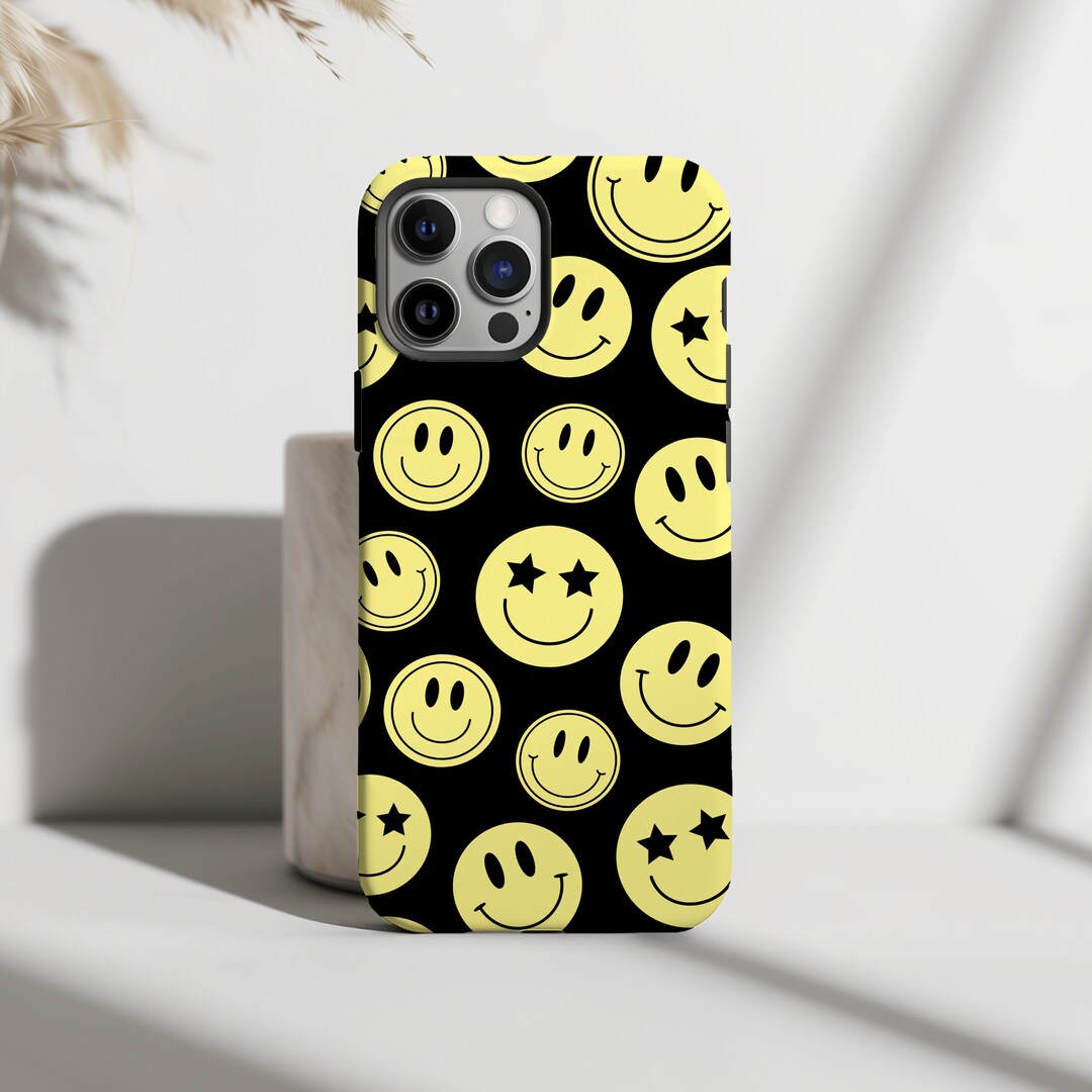 Retro Black Yellow Smiley Faces Phone Case Preppy Cute Stars Aesthetic ...