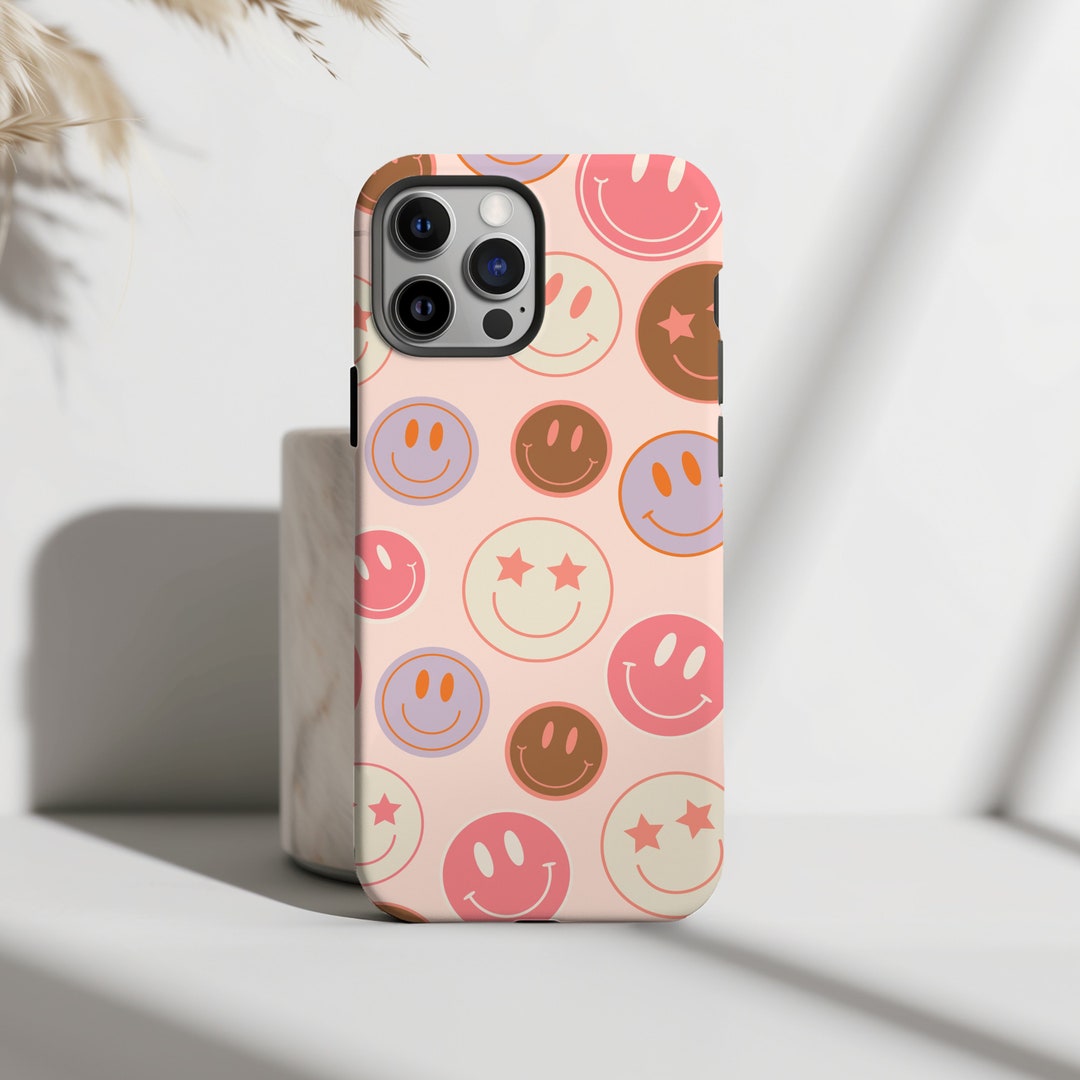 Retro Pink Smiley Faces Phone Case Purple Preppy Cute Brown Aesthetic ...