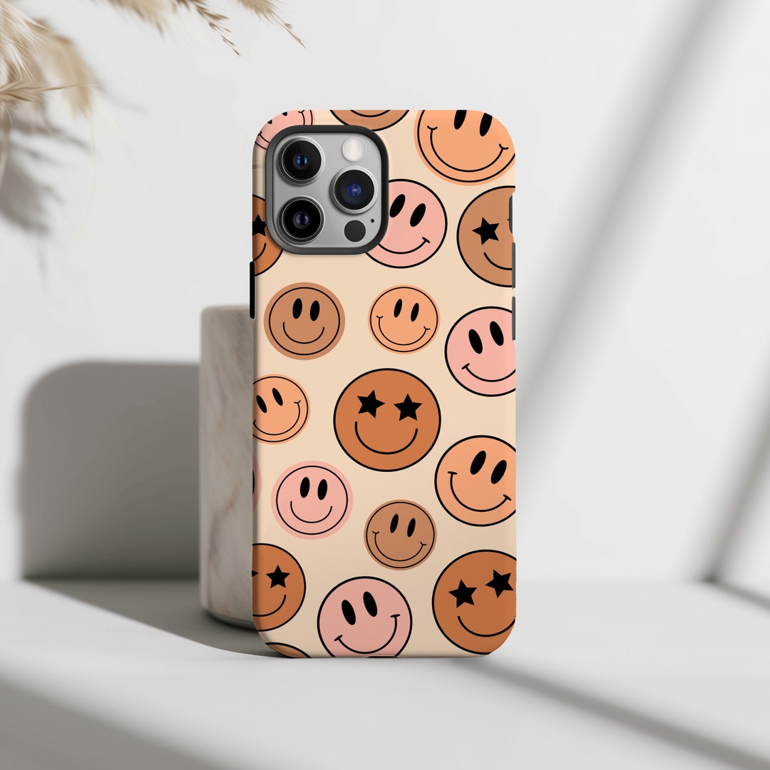 Retro Boho Smiley Faces Phone Case Preppy Cute Brown Beige Stars ...