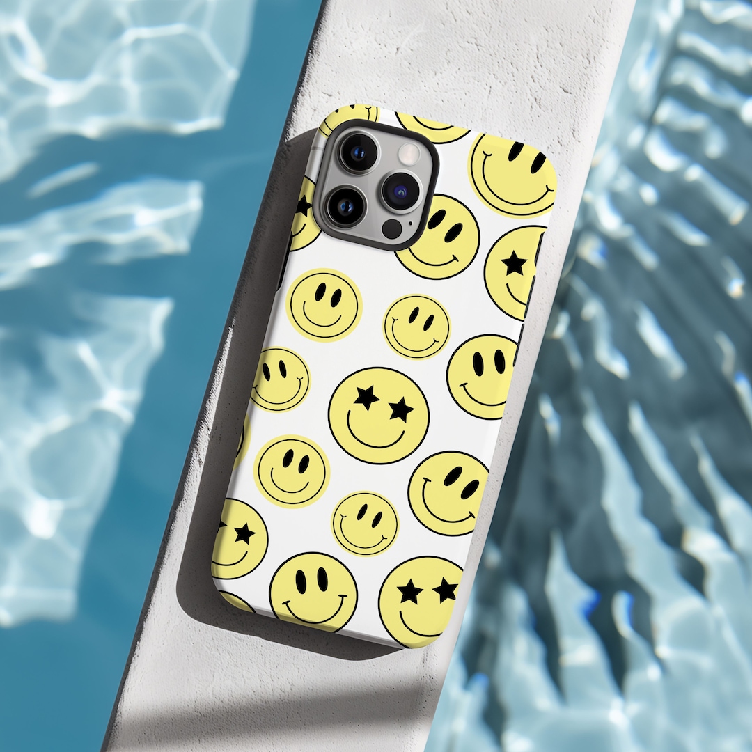 Retro Yellow Smiley Faces Phone Case Preppy Cute Stars White Aesthetic ...