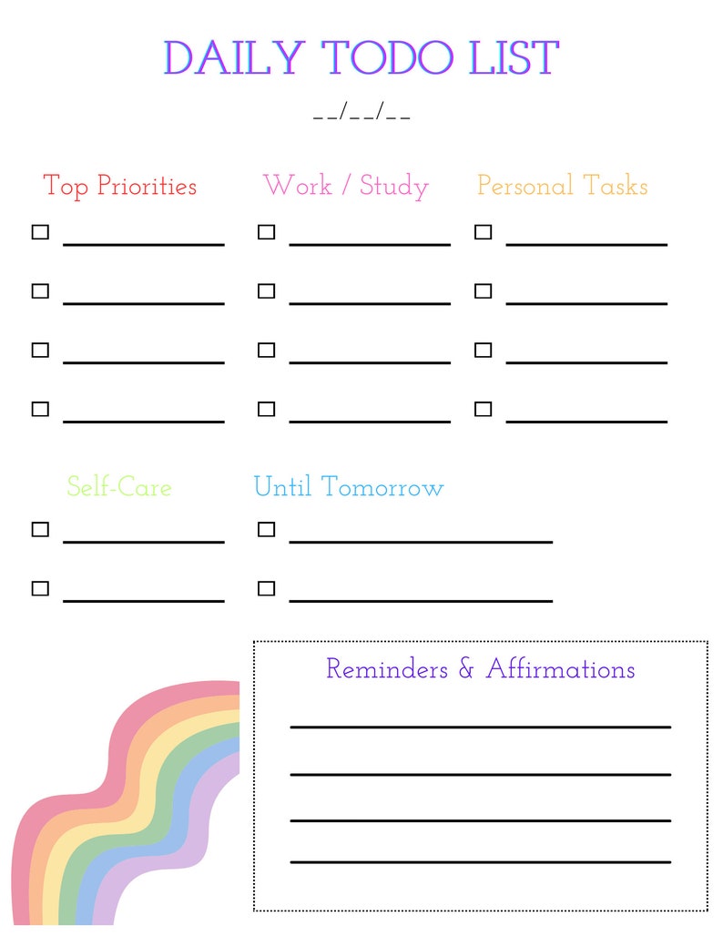 Printable Daily to Do Lists, Rainbow and Simple - Etsy