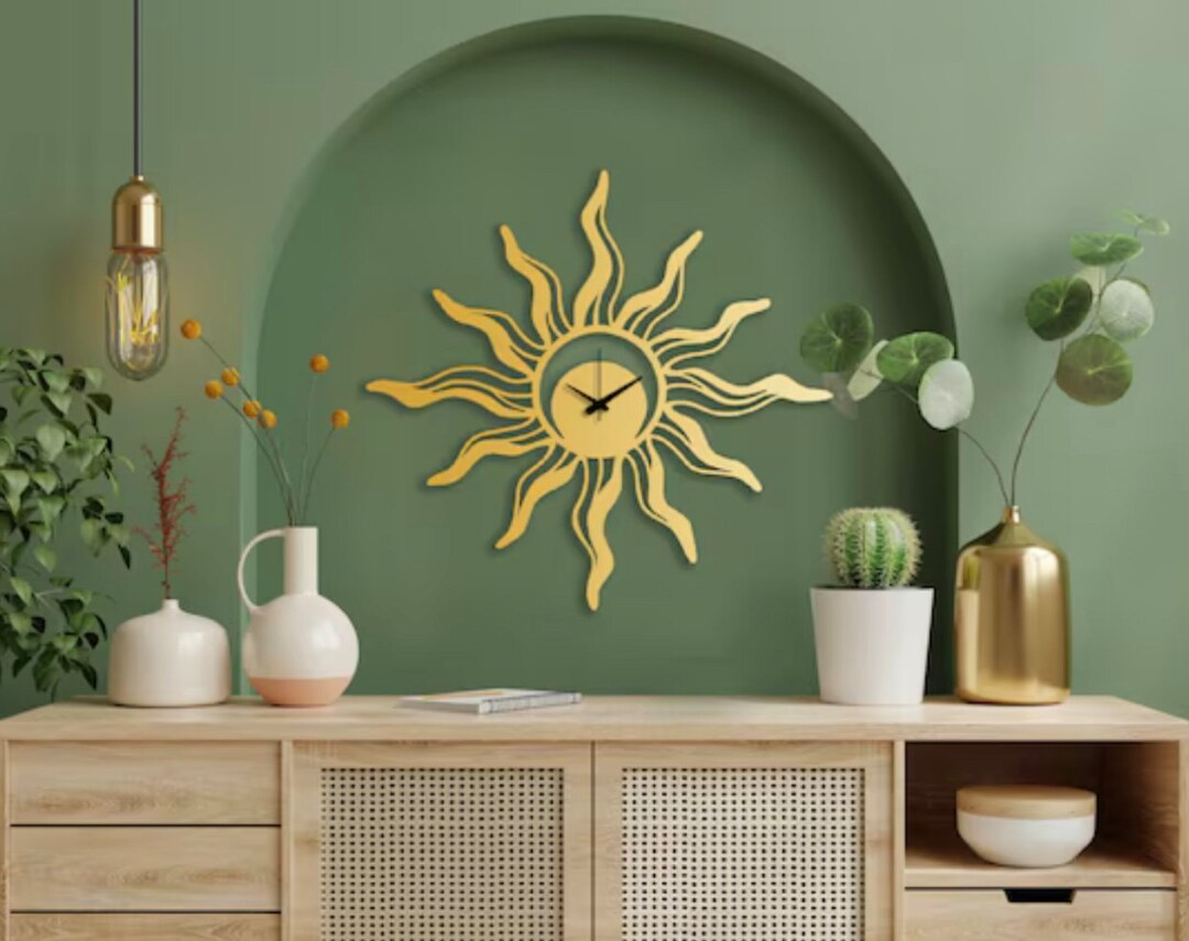 Sun Metal Wall Clock, Boho Sun Clock, Modern Gold Wall Clock, Sunburst ...