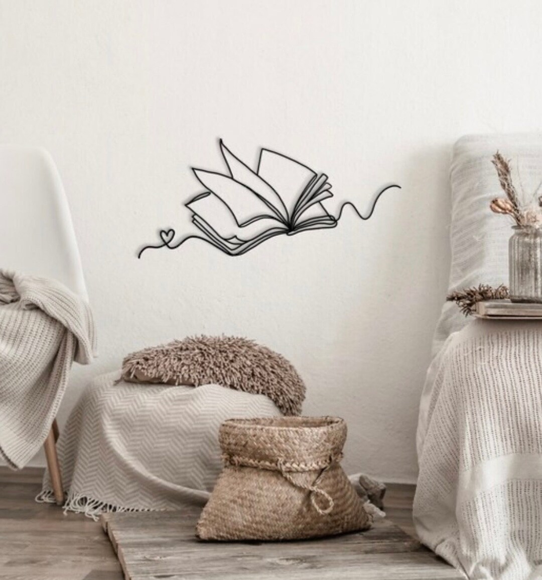 Book Metal Wall Decor, Minimalist Line Art, Open Books Wall Art ...
