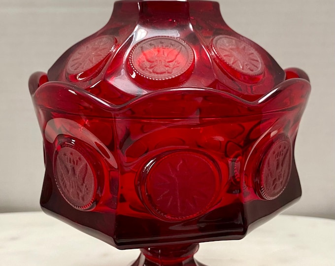 Vintage Fostoria Red Glass Lancaster Colony Coin Covered Pedestal Dish ...