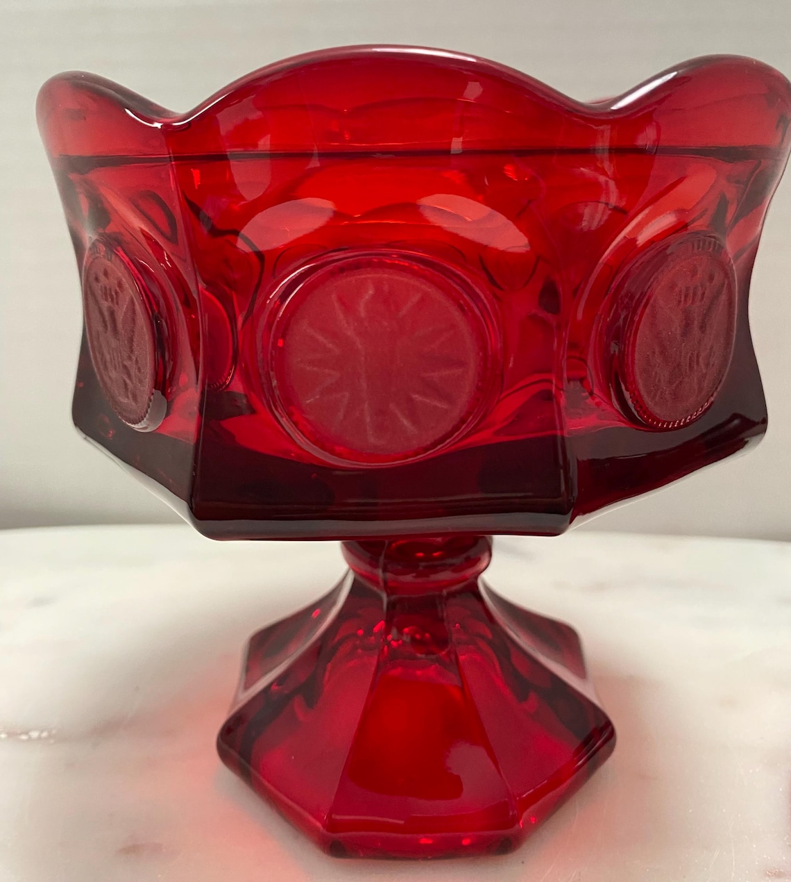 Vintage Fostoria Red Glass Lancaster Colony Coin Covered Pedestal Dish ...