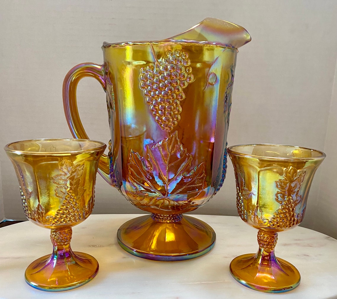 Vintage Indiana Carnival Glass Pitcher and 2 Glasses - Etsy