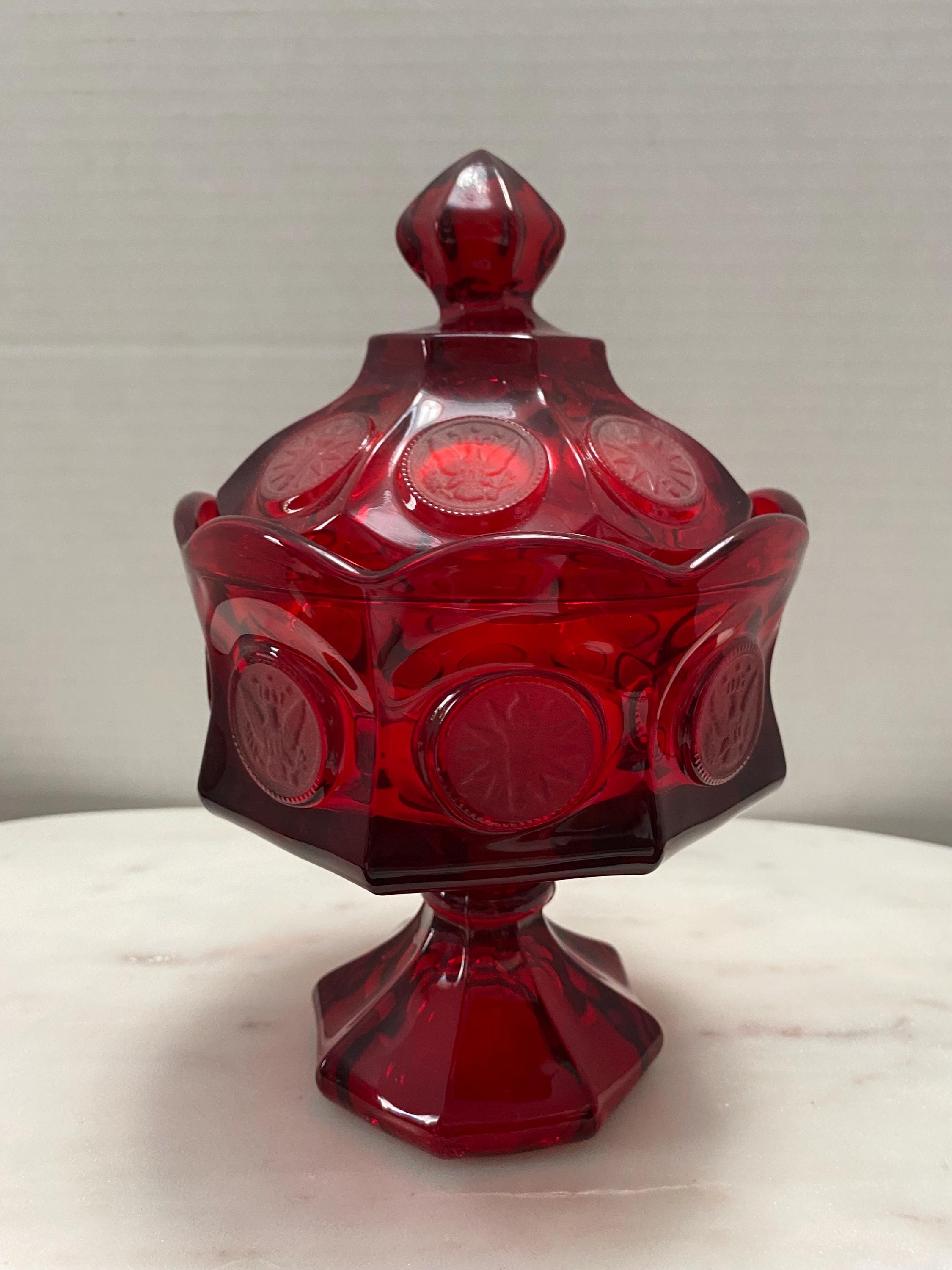 Vintage Fostoria Red Glass Lancaster Colony Coin Covered Pedestal Dish ...