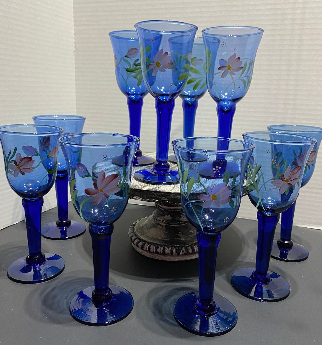 Vintage Fenton Blue Goblets/ Hand Painted - Etsy