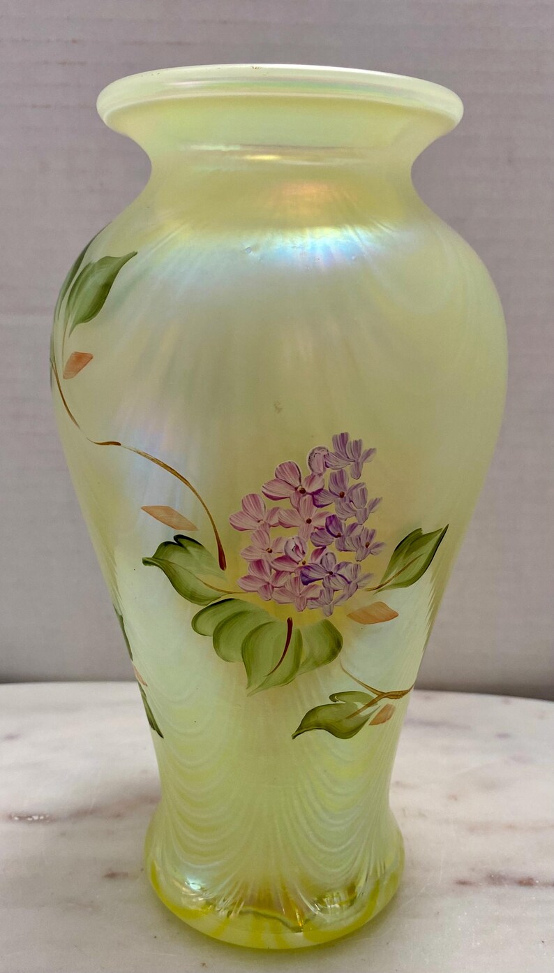 Vintage Fenton Opalescent Hand Painted Vaseline Vase - Etsy