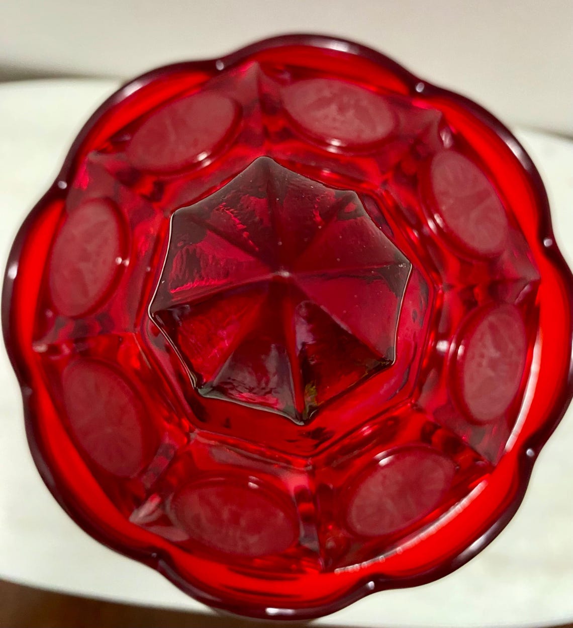 Vintage Fostoria Red Glass Lancaster Colony Coin Covered Pedestal Dish ...