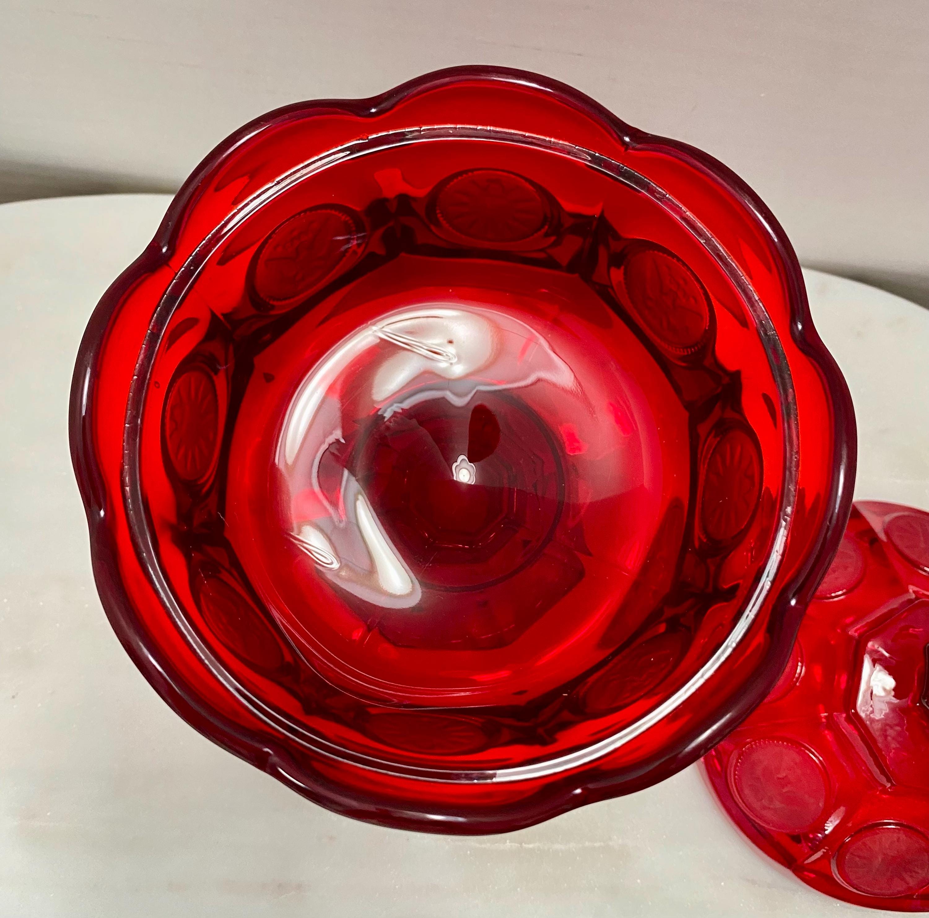 Vintage Fostoria Red Glass Lancaster Colony Coin Covered Pedestal Dish ...