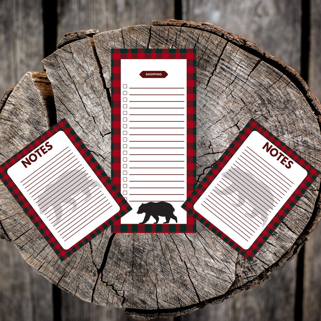 Red Plaid Bear Notepad Set of 3, Tear off Notepad, Rustic Notepad ...