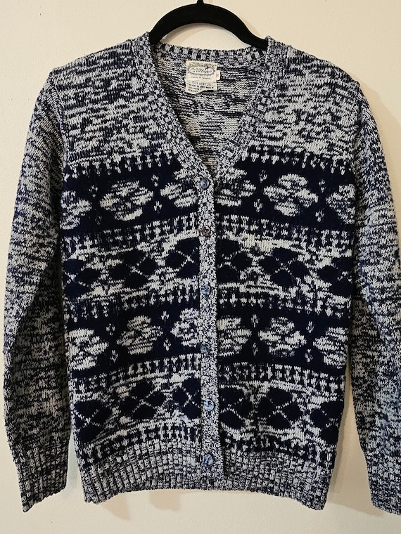 1960's Marled Blue Fair Isle Cardigan Sweater - Gem