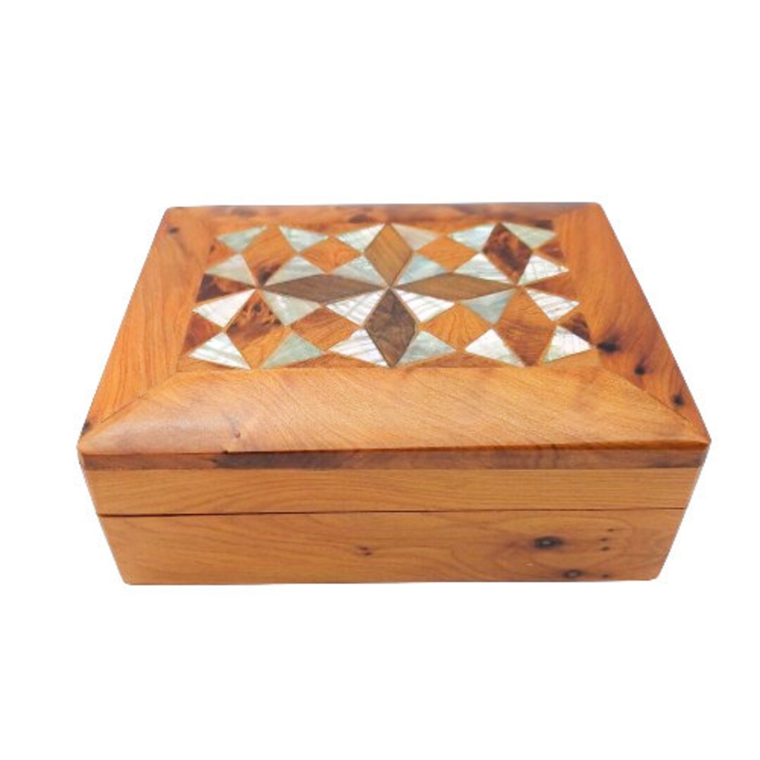 Handcrafted Wooden Inlay Box Mother of Pearl Geometric Design Vintage ...