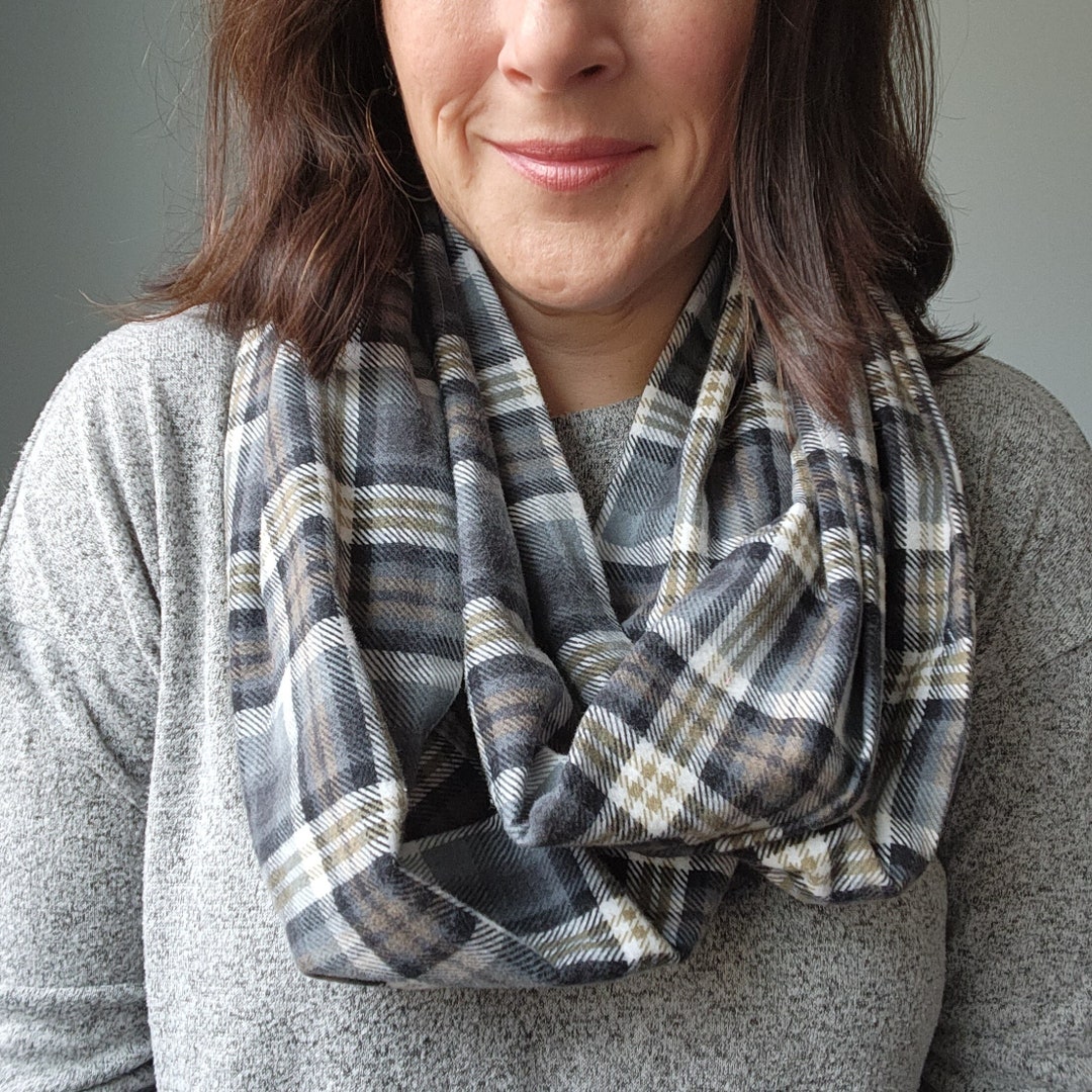 Flannel Infinity Scarf With Zipper Pocket, Cozy Checkered Winter ...