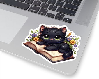 Black Cat Sticker, Black Cat on Book Sticker, Bookish Cat Sticker ...