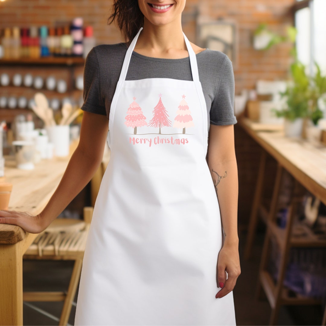 Merry Christmas Pink Tree Apron With Beige Straps, Chef or Baking ...