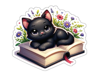 Black Cat Sticker, Black Cat on Book Sticker, Bookish Cat Sticker ...
