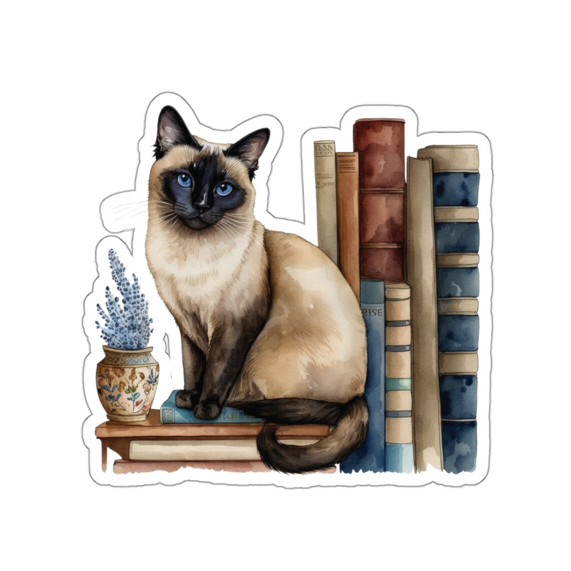 Siamese Cat on Books Sticker, Siamese Cat Lover Gift, Stickers, Laptop ...