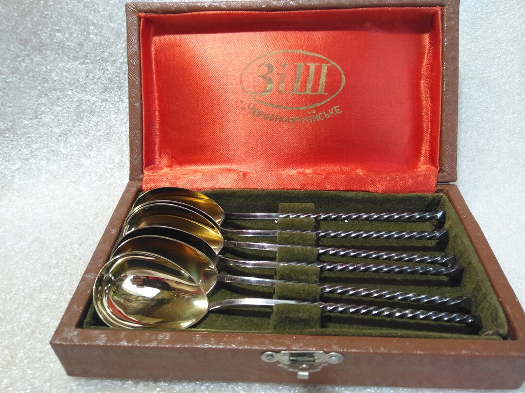 Vintage Russian USSR. Set of 6. Melchior Silver Gold Plate Tea Spoons ...