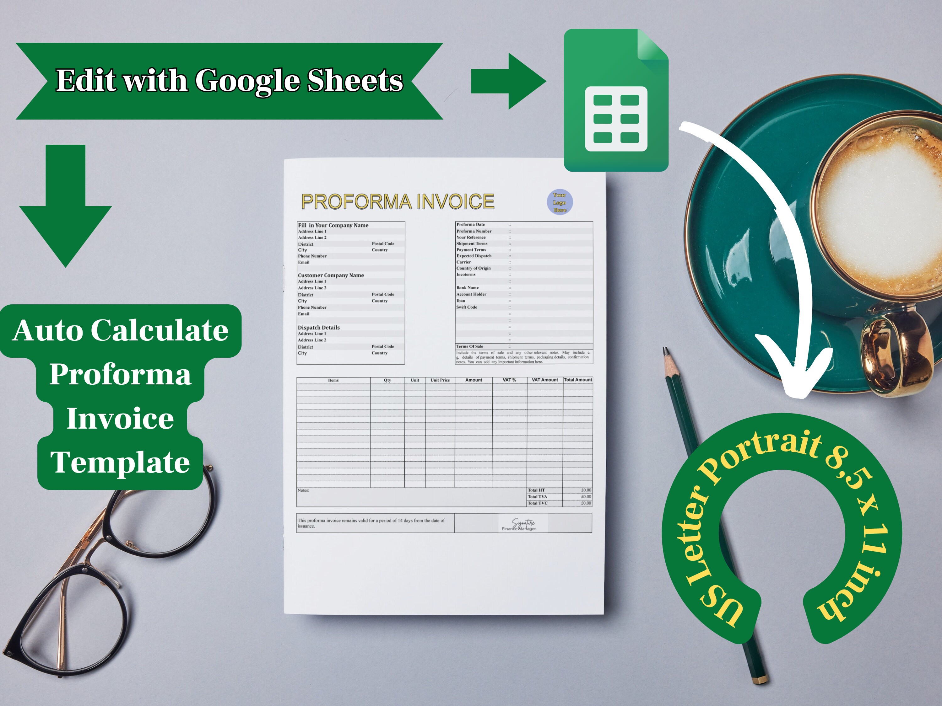 Proforma Invoice Template Editable With Google Sheets, Automatic ...